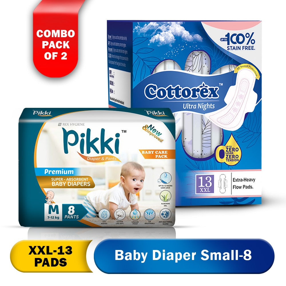 Baby Diaper Premium Pants M-08 & Cottorex Ultra Nights XXL-13 with Ext